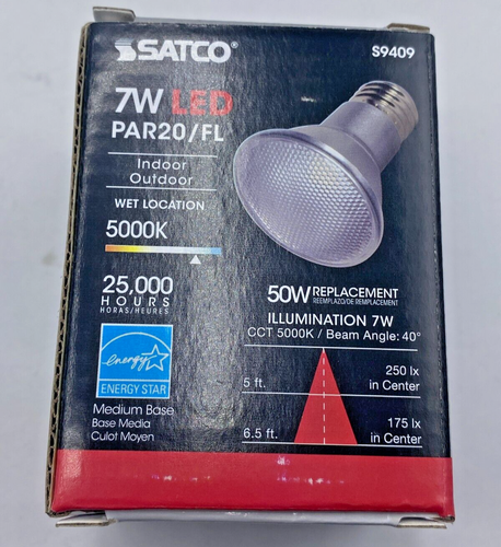 SATCO S9409 7W LED PAR20/FL 40 Degree 120V Light Bulb Lamp 500K LOT OF ...