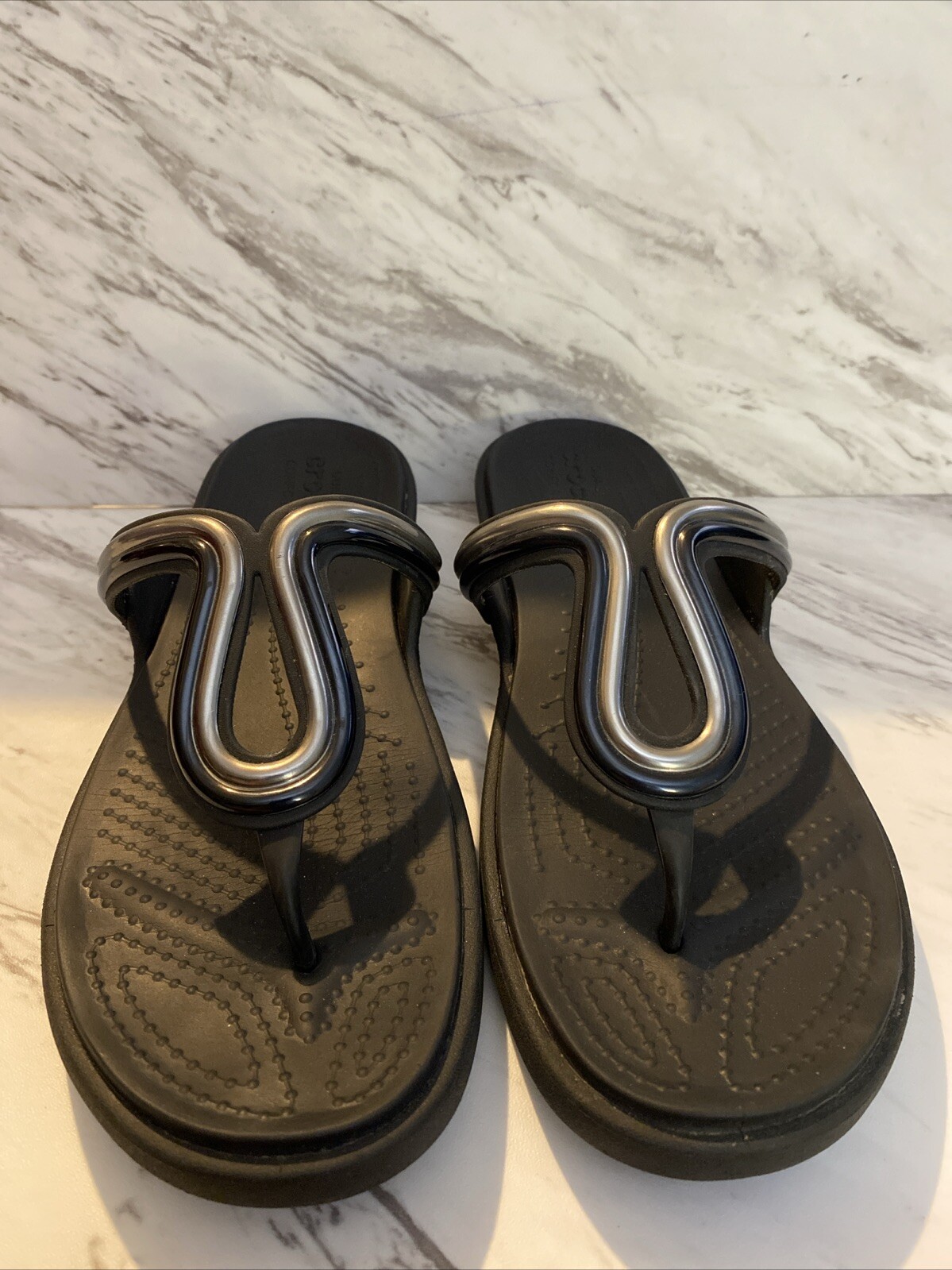 Crocs Sanrah Metal Block Blackand silver thong sandal… - Gem