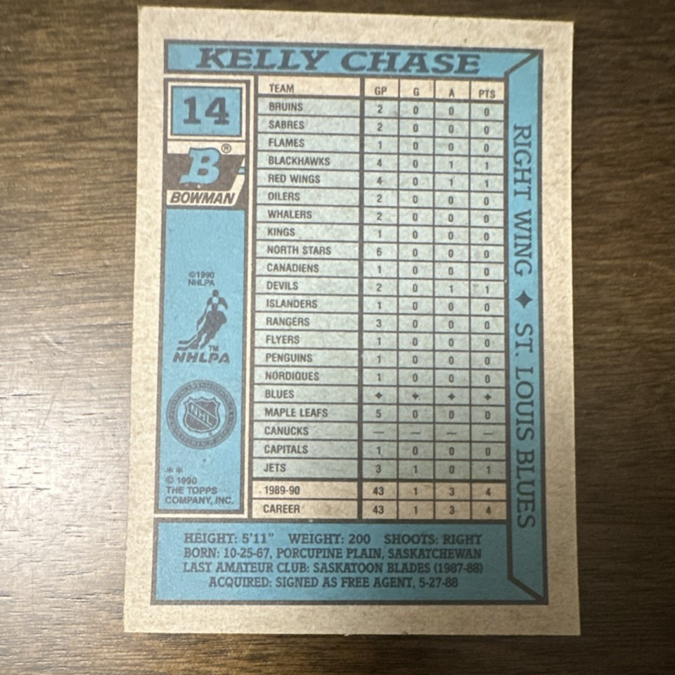 Bowman 1990-91 Kelly Chase #14 St. Louis Blues NHL Base Set Hockey Card ...