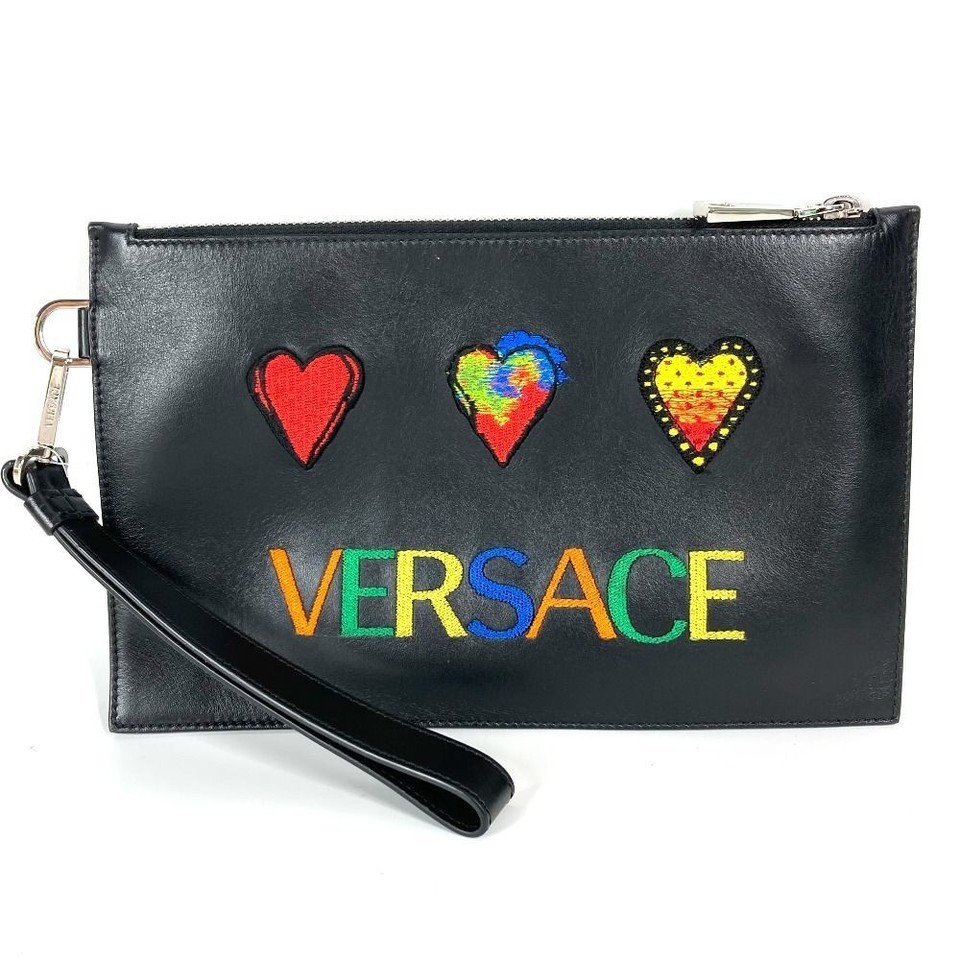 VERSACE Heart Logo Patch Design Clutch bag Second Bag Black With Strap ...