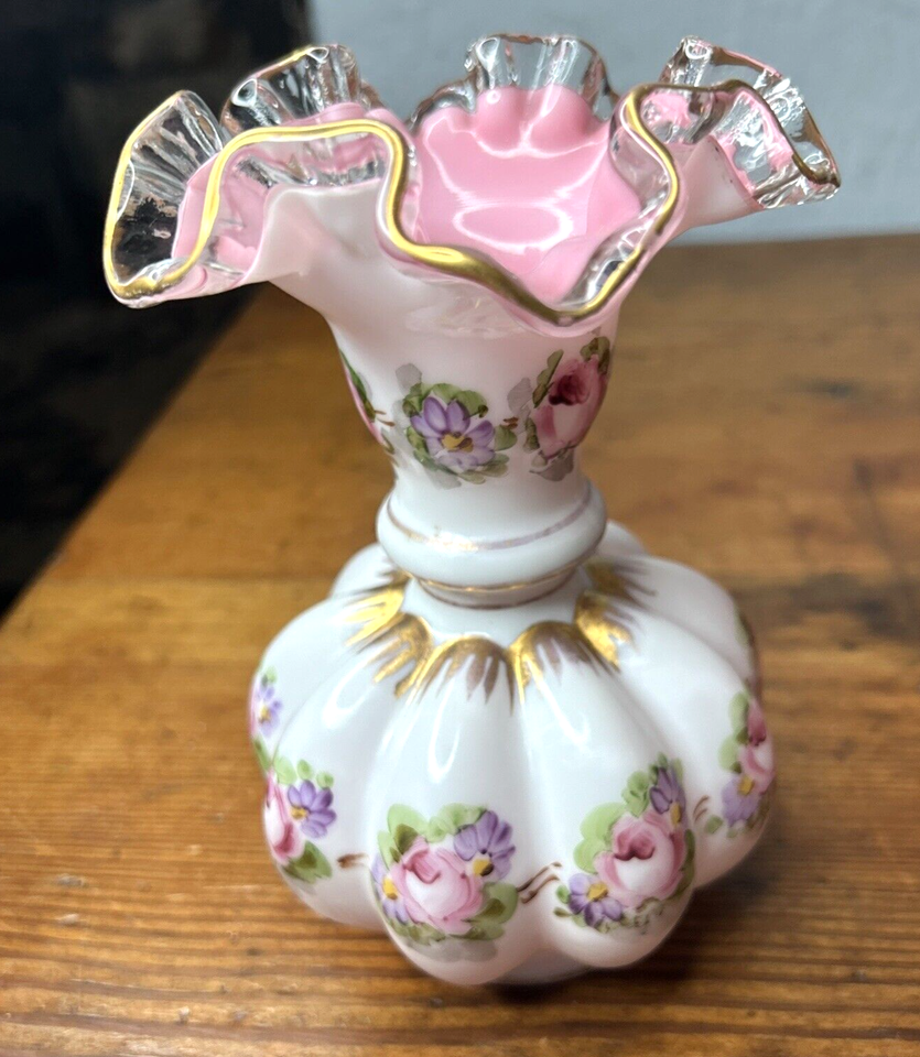 Fenton Hand Painted Charleston Melon Crest Floral Vase 6 inches | eBay