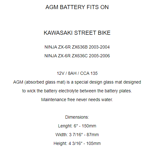 AGM Battery for Kawasaki Ninja ZX-6R ZX636B ZX636C 2003 2004 2005 2006 ...