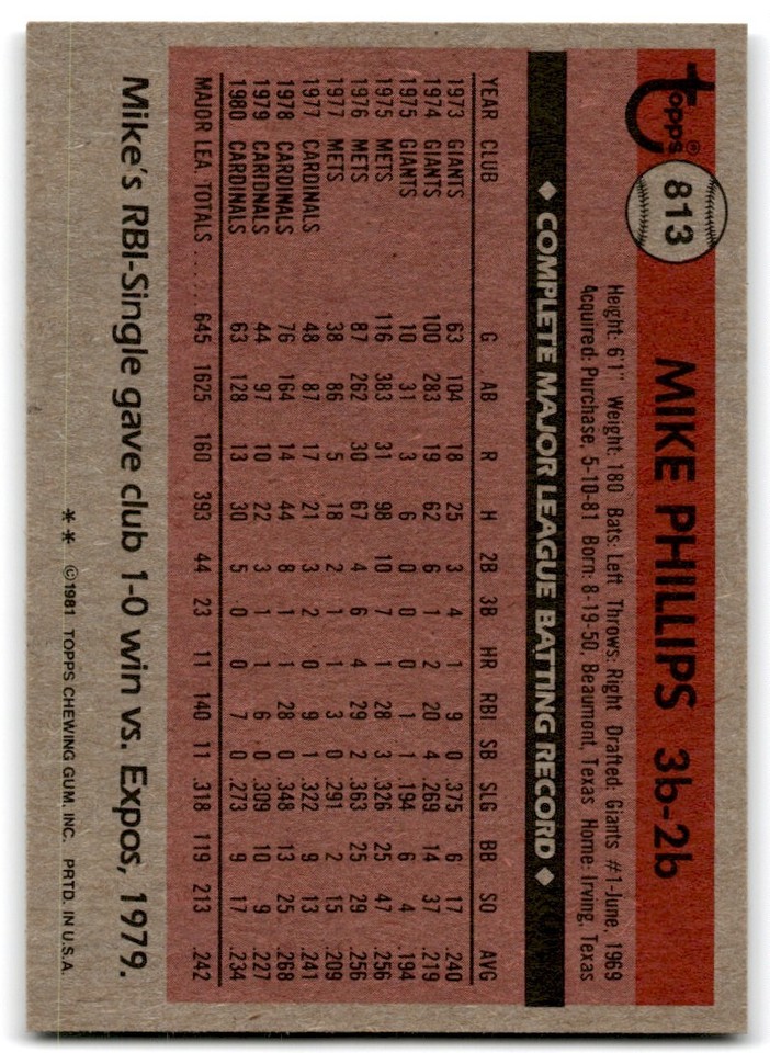 1981 Topps Traded Mike Phillips Baseball Cards #813 | eBay