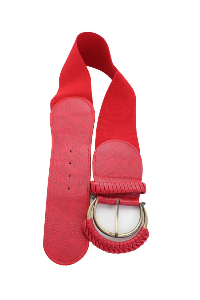 Women Red Elastic Waistband Belt Hip High Waist Gold Buckle Adjustable ...
