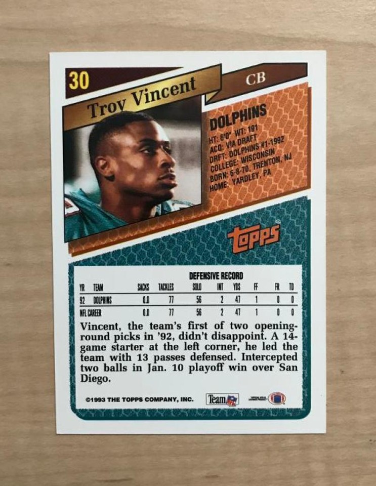 TROY VINCENT MIAMI DOLPHINS SIGNED AUTOGRAPHED 1993 TOPPS CARD #30 W ...