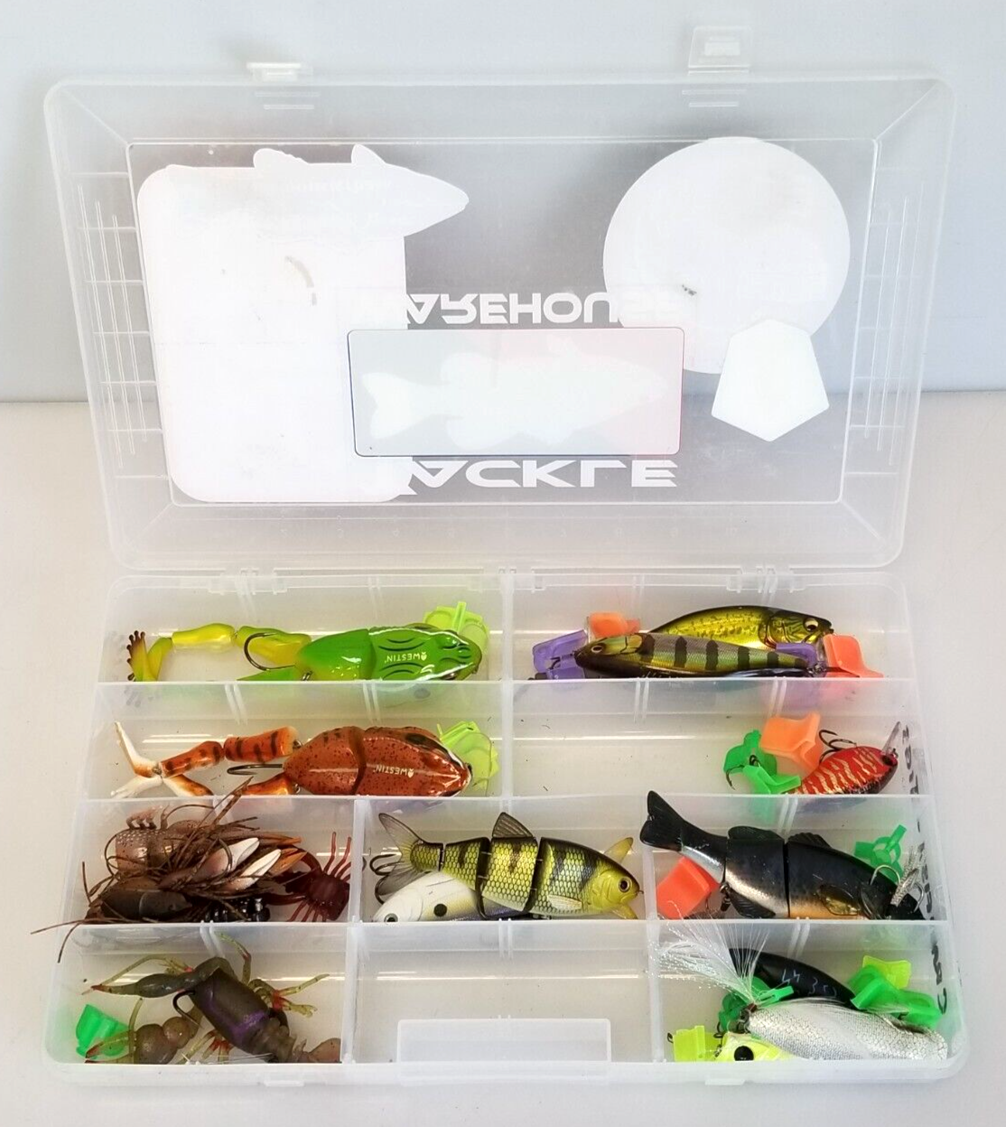 Fishing Lure Lot in Tackle Box, Frogs, Crawfish, Poppers, Swim Baits ...