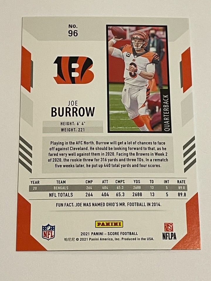 2021 Panini Score Football #96 - Joe Burrow - Cincinnati Bengals | eBay