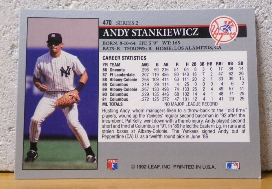 COOL BASEBALL CARD FROM VINTAGE PACK LEAF 1992 NEW YORK YANKEES ANDY ...