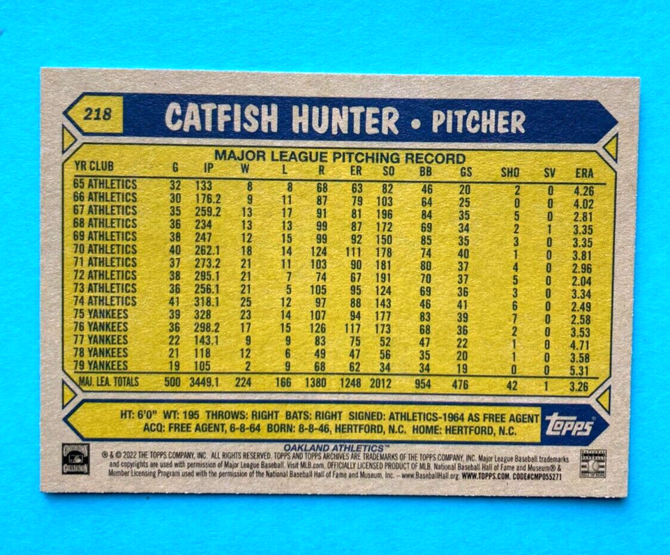 Catfish Hunter 2022 Topps Archive Retro Look #218 Oakland Athletics | eBay