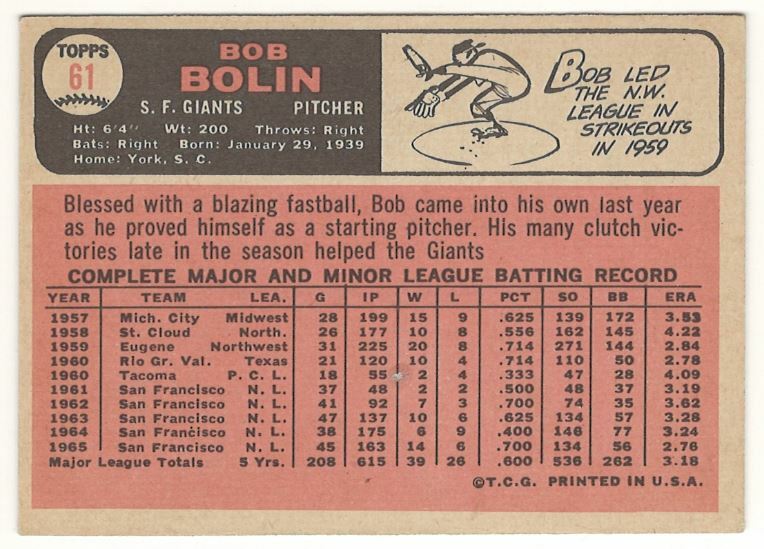 1966 TOPPS # 61 BOB BOLIN SAN FRANCISCO GIANTS BASEBALL CARD - NO ...