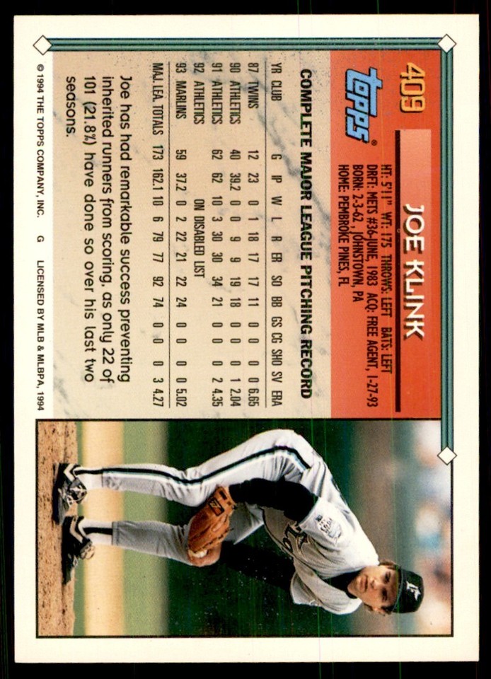 1994 Topps Joe Klink Baseball Cards #409 | eBay