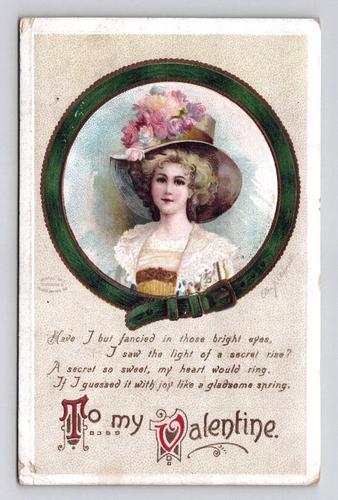 Postcard Valentine Pretty Edwardian Woman Hat Embossed Ellen Clapsaddle ...
