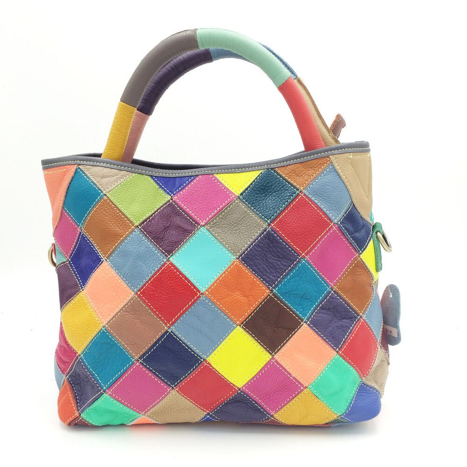 Multicolor Patch Real Leather Raw Edge Tote Shoulder Bag Purse ...