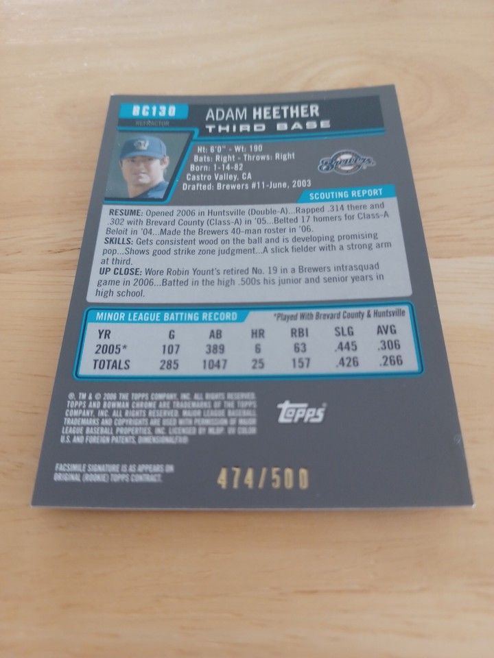 2006 Bowman Chrome Prospects Refractor #rd /500 Adam Heether #BC130 ...