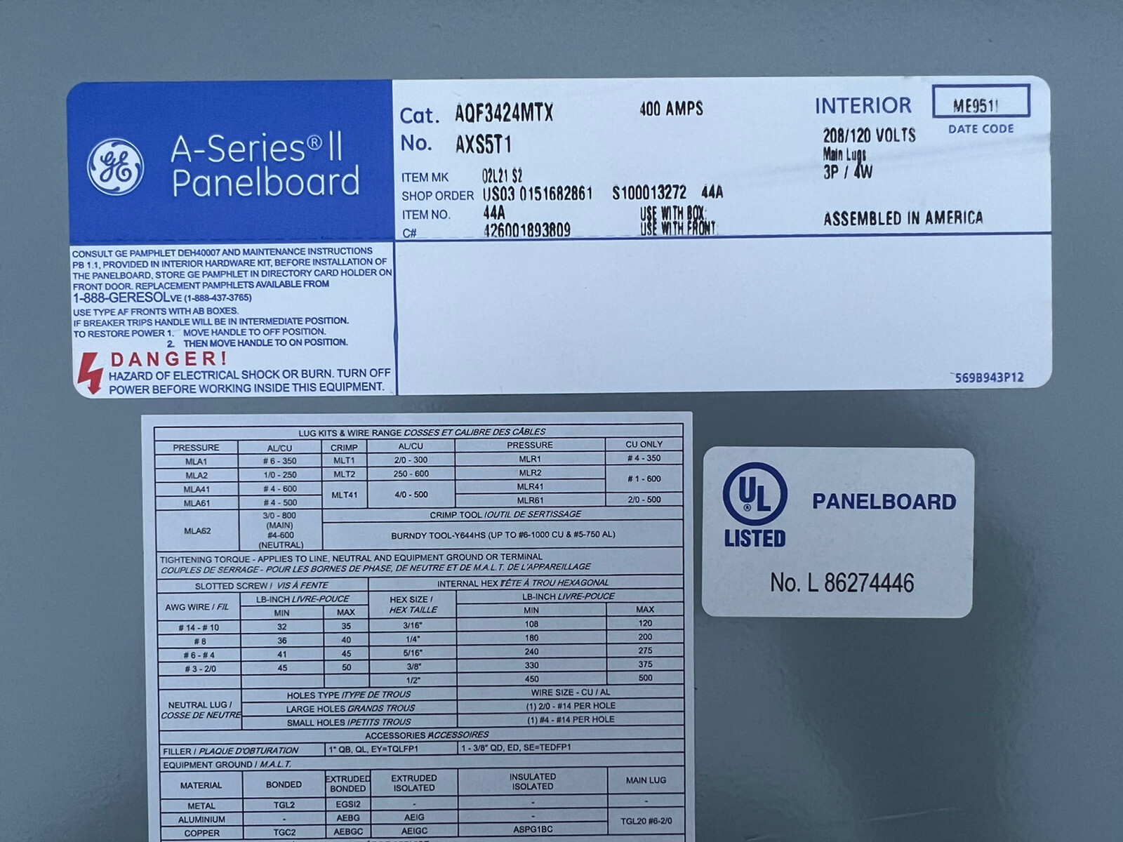 GE AQF3424MTX 400 Amp MLO Main Lug Only 208/120V 42 Circuit Sub Feed ...