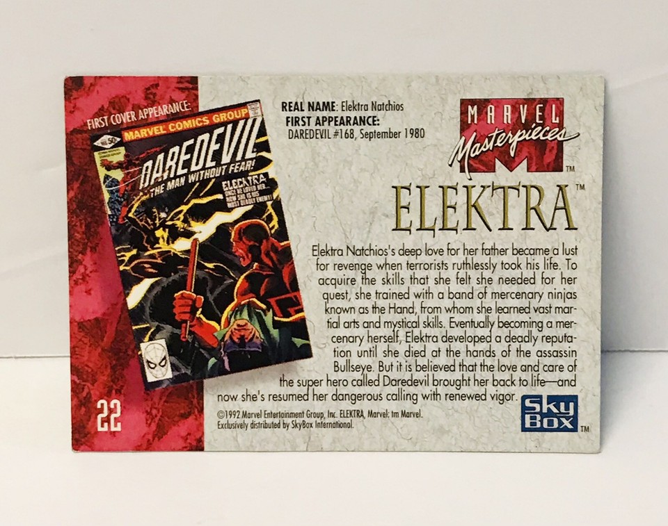 1992 Marvel Masterpieces Elektra Card 22 Excellent Condition Free ...