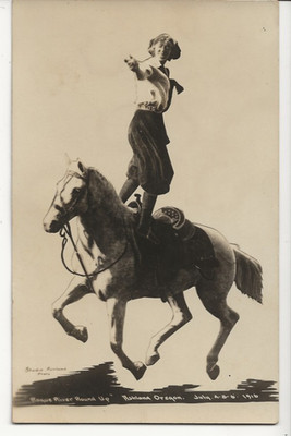 JULY 1916 ASHLAND OR ROGUE RIVER ROUND UP RPPC COWGIRL HORSE WILD RIDE ...