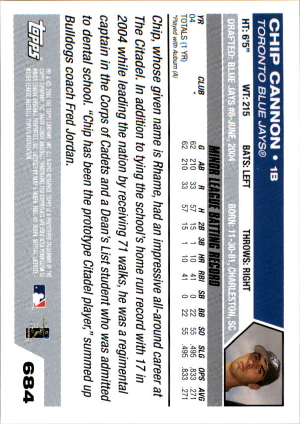 2005 Topps #684 Chip Cannon FY RC - NM | eBay