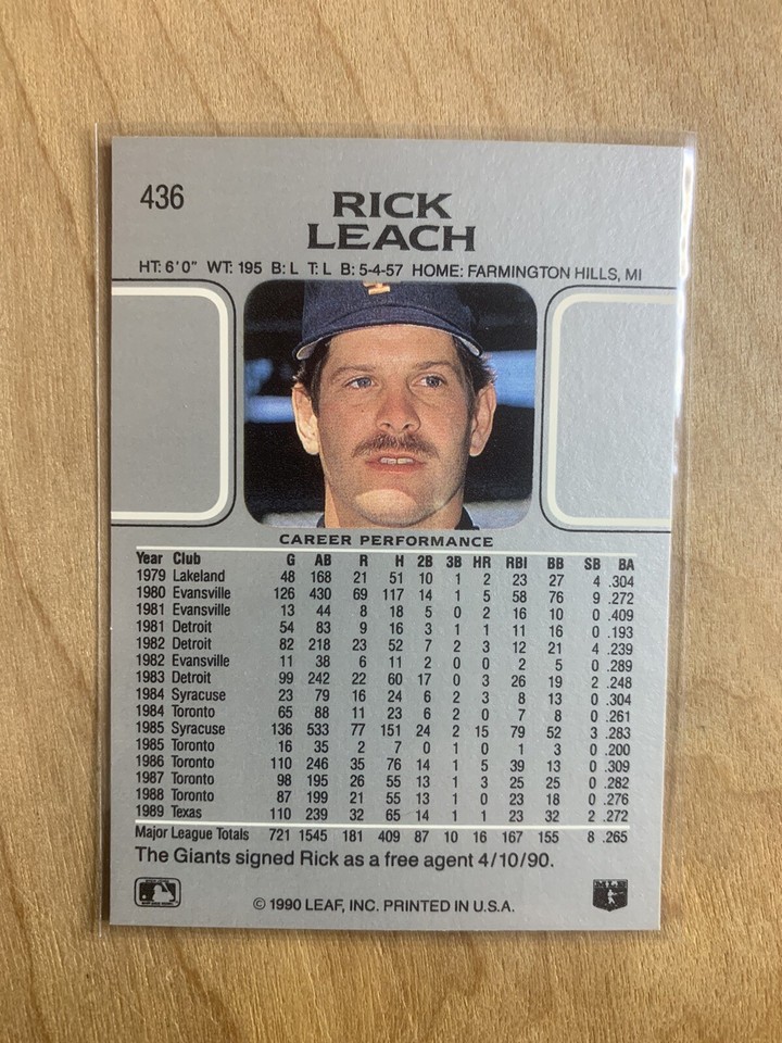 1990 Leaf Texas Rangers Baseball Card #436 Rick Leach | eBay