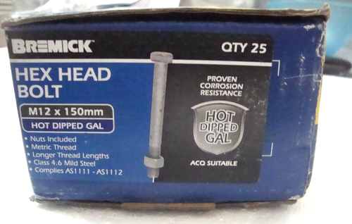 M12 x 150mm HEX Head Bolt & Nut Box of 25(XXV) Galvanized,, BREMICK ...