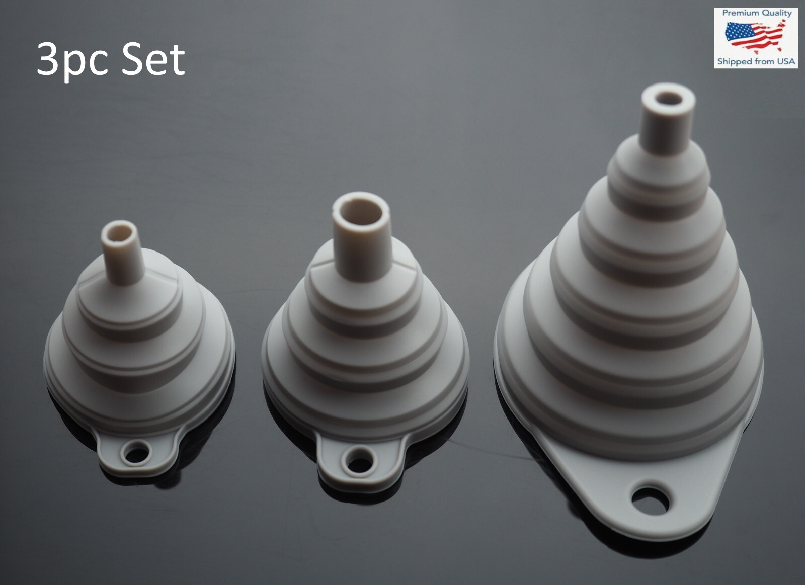 3pc Set Gray Foldable Funnel Silicone Rubber Collapsible Water Liquid ...