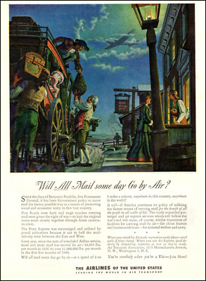 1944 WW2 Ad The AIRLINES OF THE U.S. Art DC-3 flies over Colonial Town ...