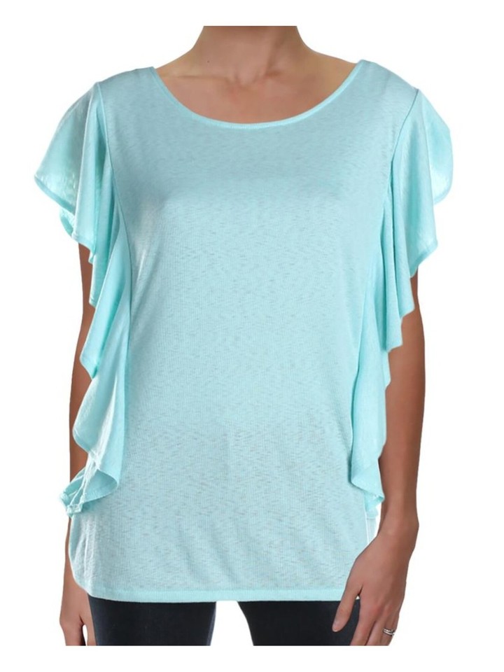 RACHEL ROY Womens Light Blue Ruffled Short Sleeve Jewel Neck Top XL ...