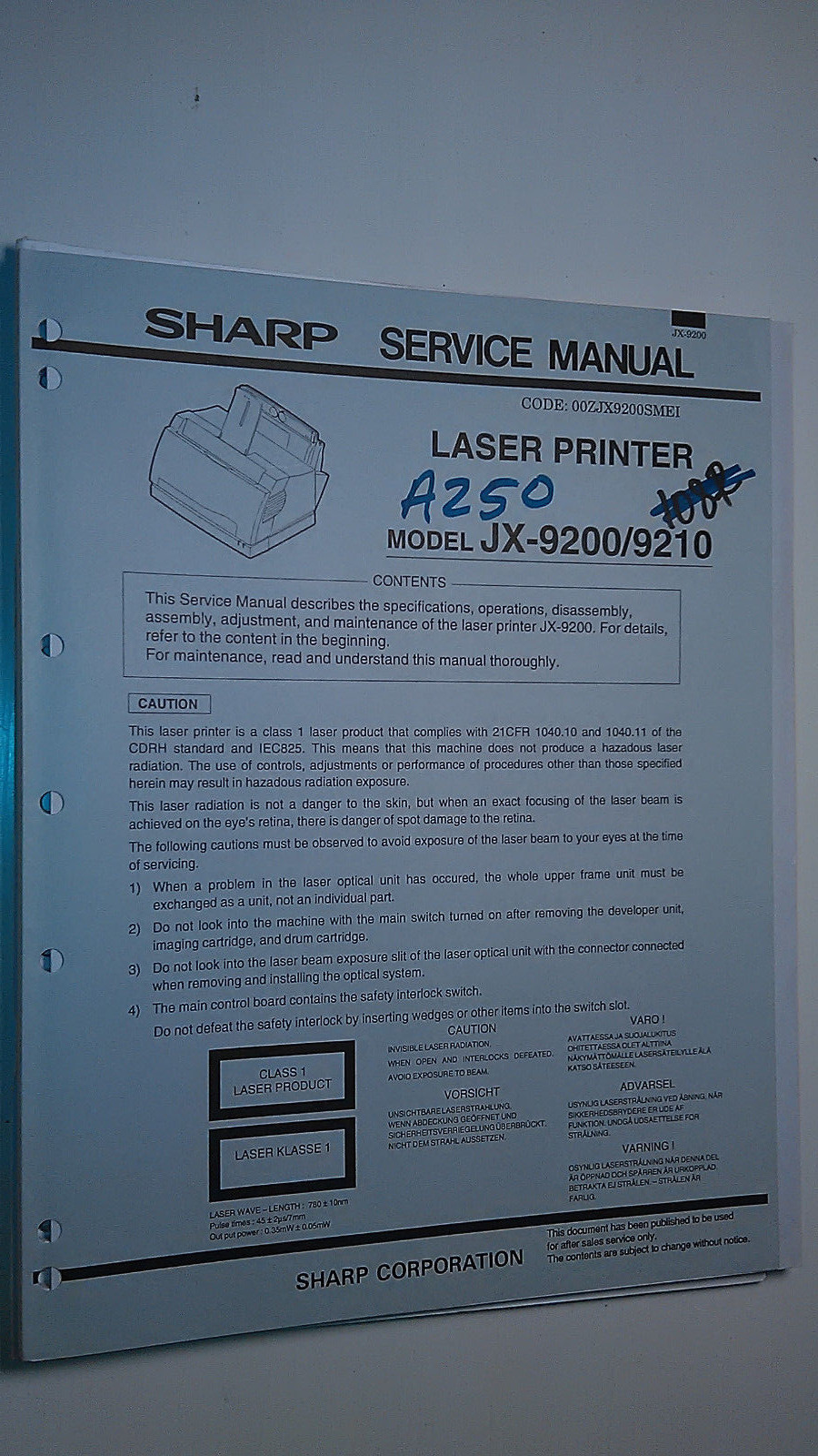 Sharp jx-9200 9210 service manual original repair book laser printer ...