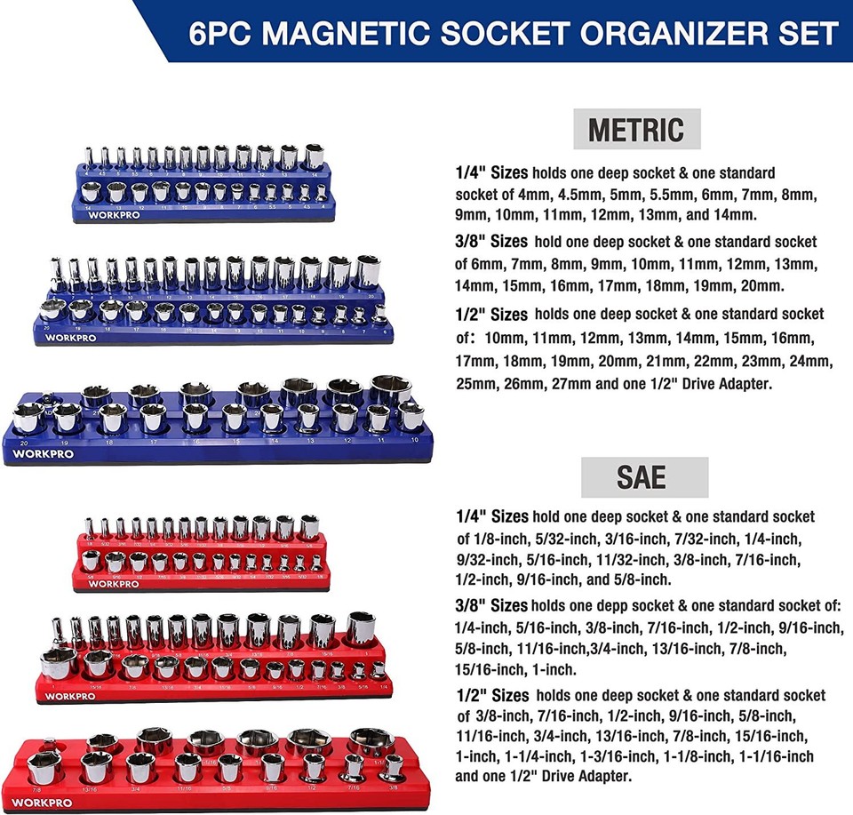 WORKPRO Magnetic Socket Organizer 6-PACK Set 1/4'' 3/8'' 1/2'' Dr ...