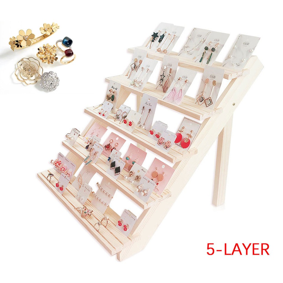 New 5-Tier Solid Wooden Jewelry Display Rack Earring Card Display ...