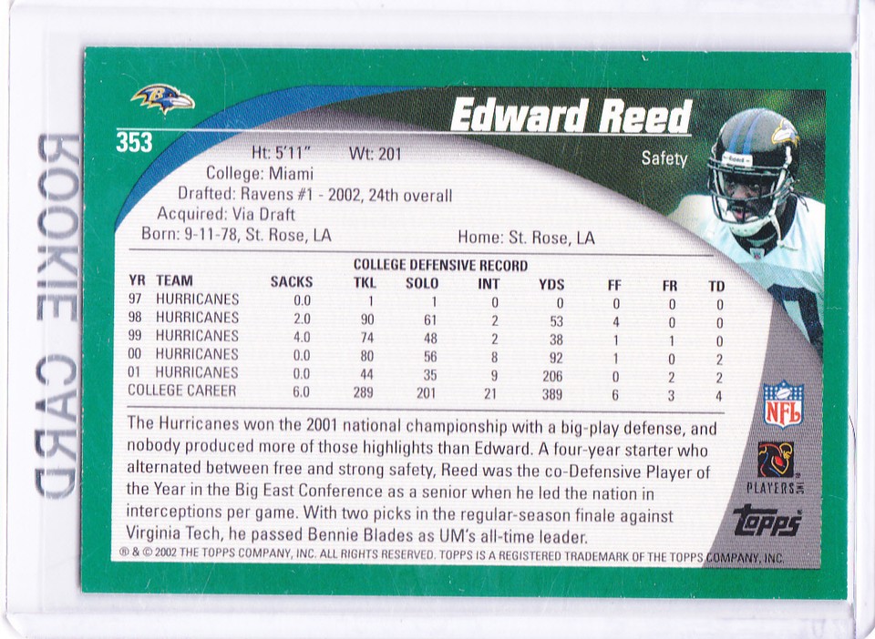 ED REED ROOKIE CARD 2002 Topps Football RC RAVENS Baltimore THE U Miami ...