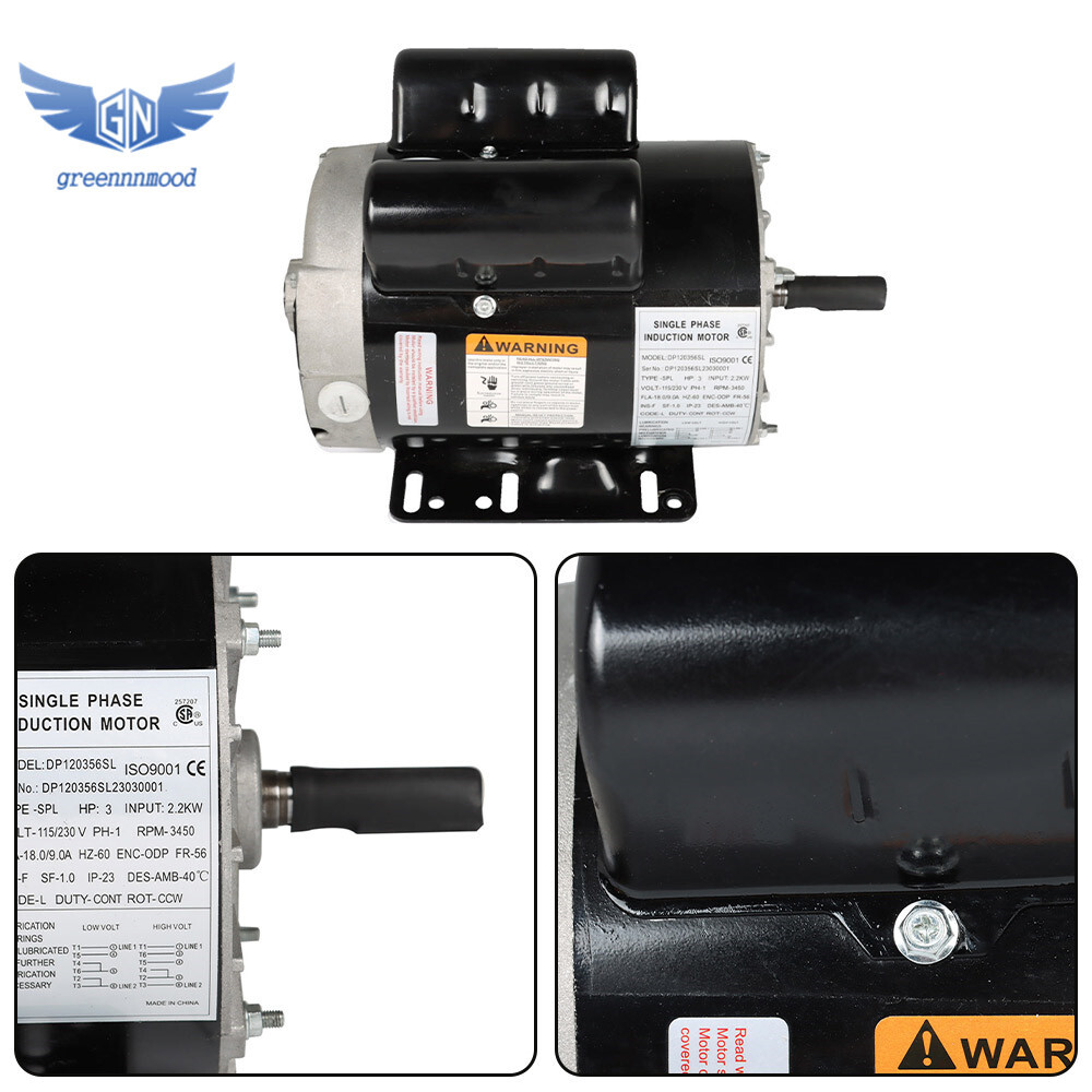 Electric Motor 3 HP 3450 RPM Compressor Duty 56 Frame 1 Phase 115-230 ...