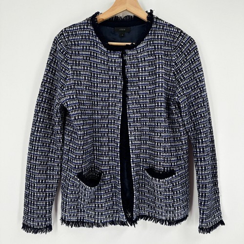 J. Crew Tweed Blazer Jacket Fringe Navy Metallic Hook Eye Size Small | eBay