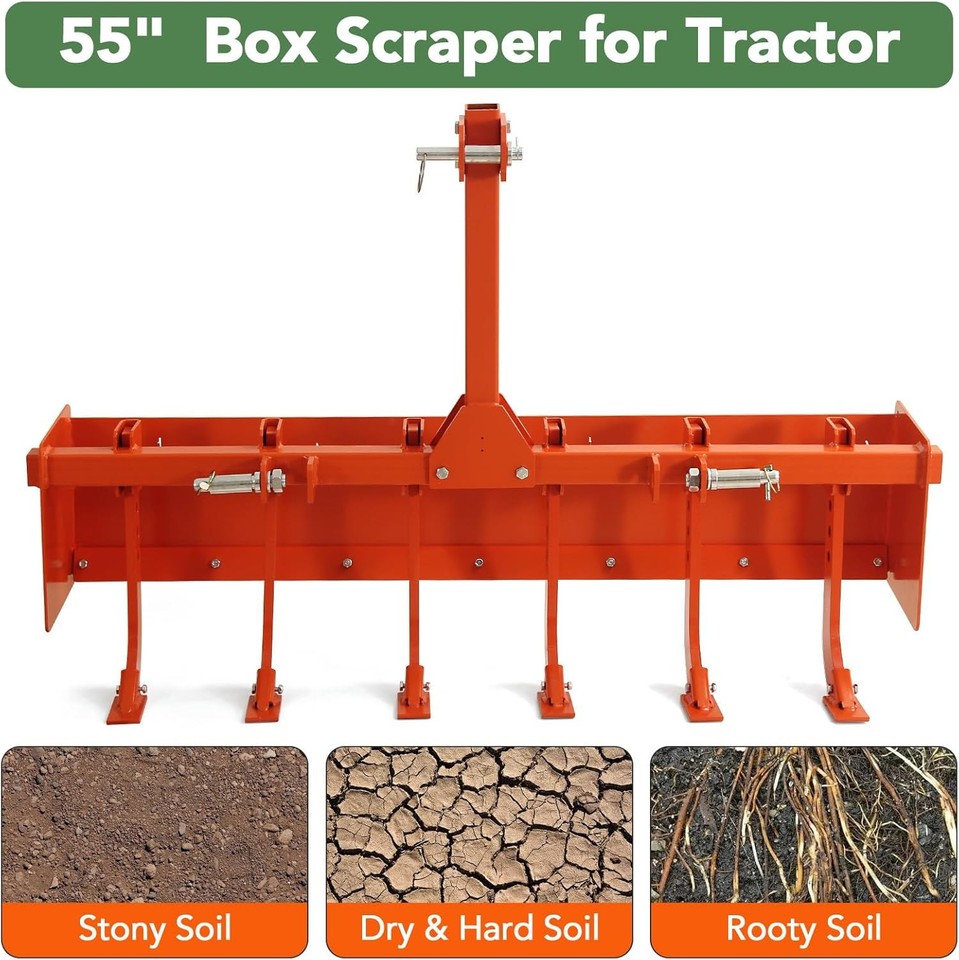 55" Box Blade 3 Point Box Scraper Grader Steel 6 Plow Shanks for Cat-0 ...