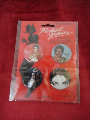 MICHAEL JACKSON BUTTON BADGE PACK (1958-2009) 80'S MEMORABILIA RARE (4 ...