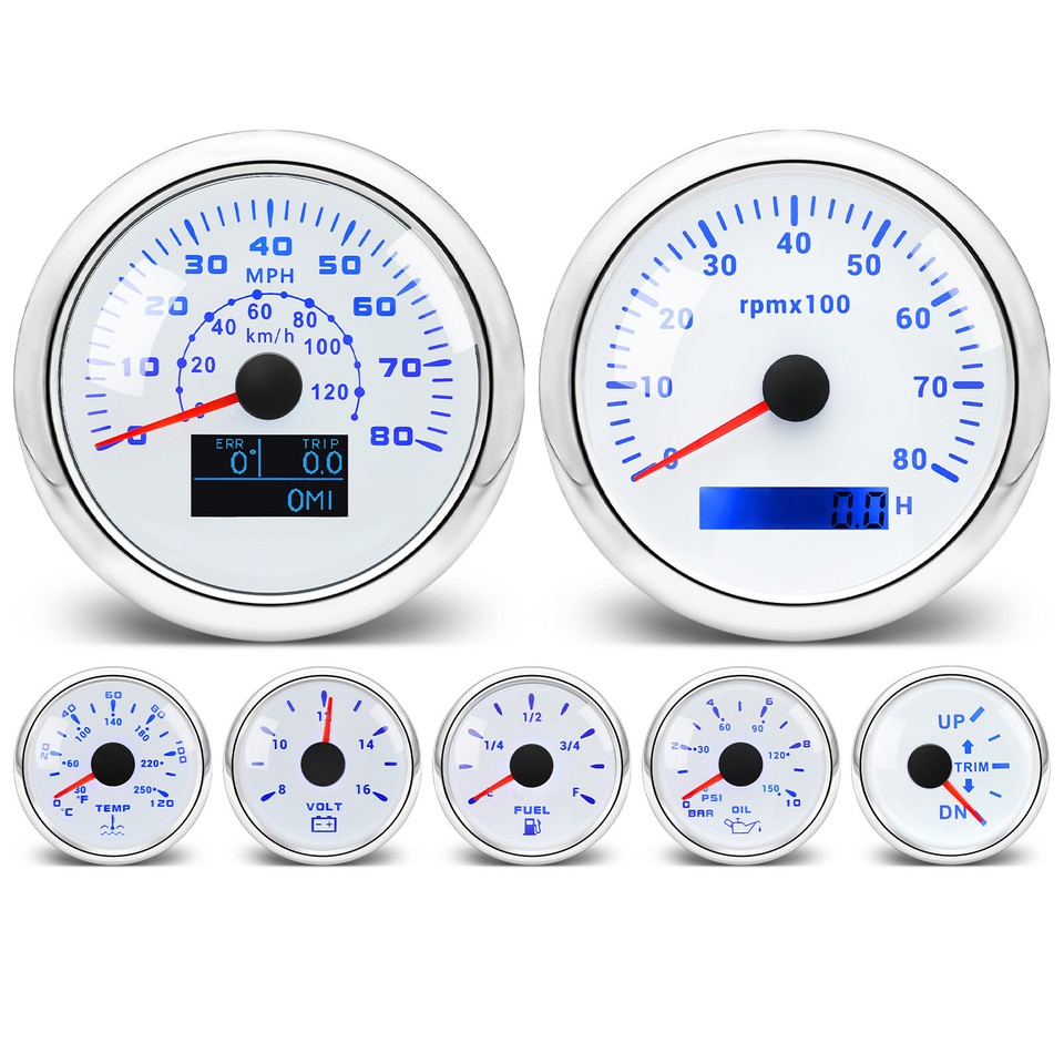 7 Gauge Set 85mm GPS Speedometer 80MPH Tacho&52mm Fuel/Temp/Volt/Oil ...
