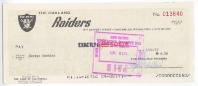 George Buehler Signed AUTO 1977 Oakland Raiders payroll Check Las Vegas ...