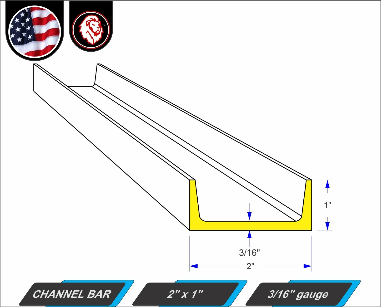 2" x 1" Channel Metal Bar - 3/16" gauge - Mild Steel - 24" inch Long (2 ...