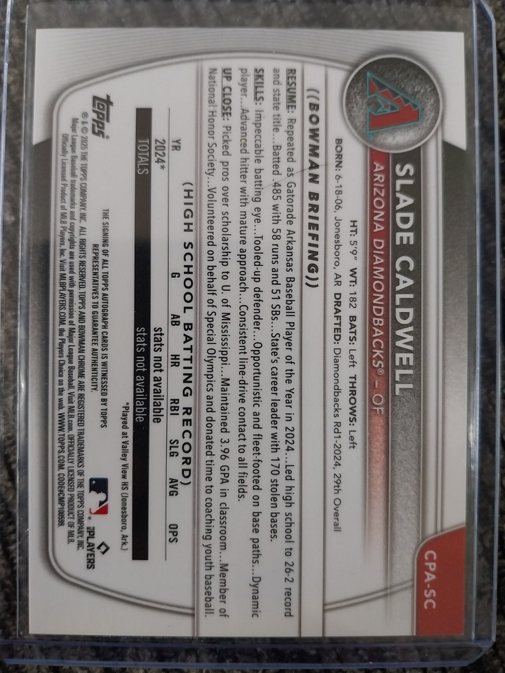 2025 Bowman Draft Chrome Slade Caldwell 1st Prospect Auto Diamondbacks ...