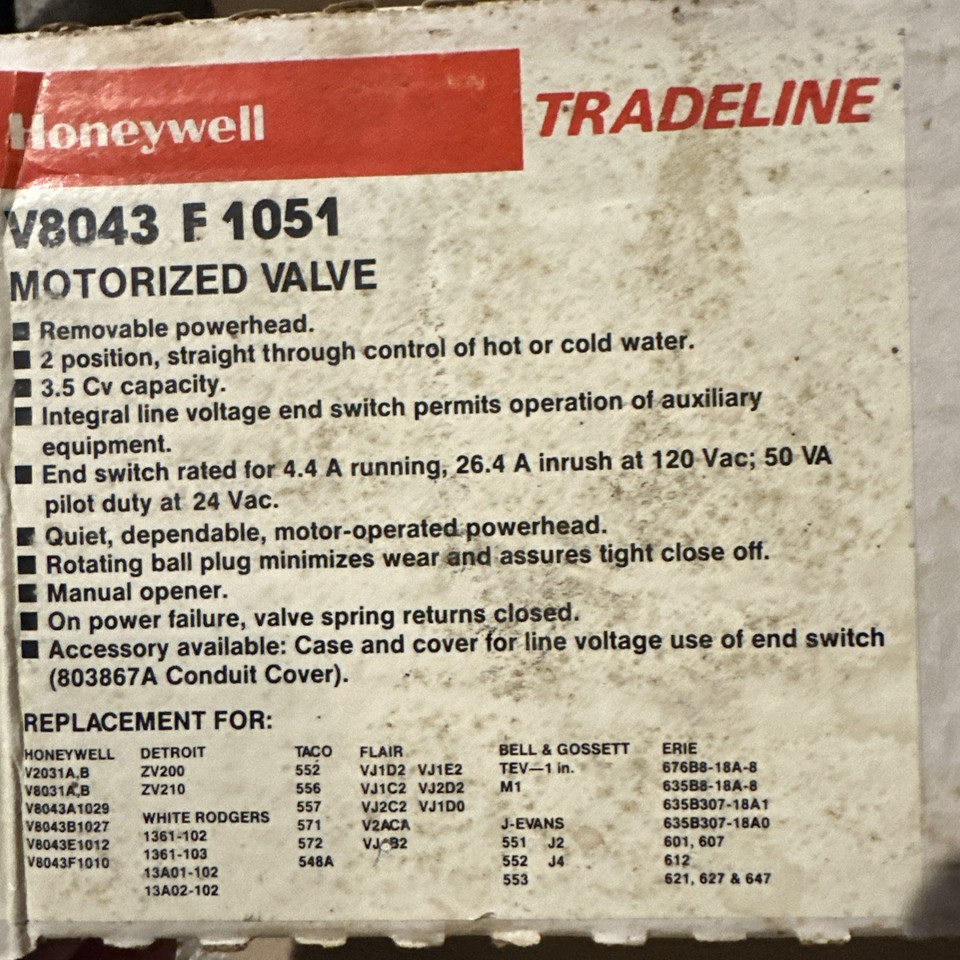 New Honeywell Tradeline Motorized Valve V8043F 1051 24V Water Steam ...