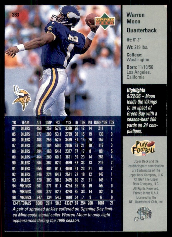 1997 Upper Deck Warren Moon Seattle Seahawks #283 | eBay