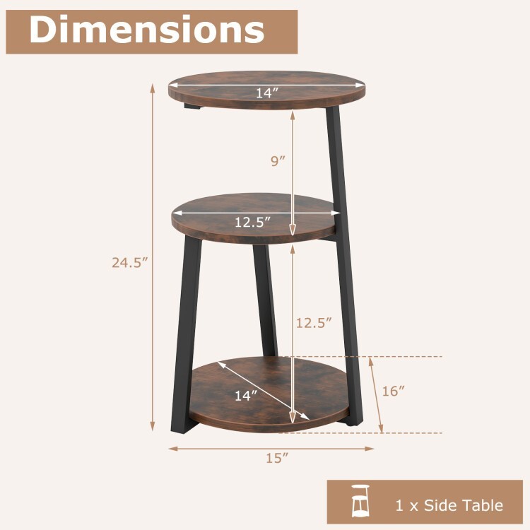 3-Tier Bedside Table Accent Round Side Table Living Room w/Robust Metal ...