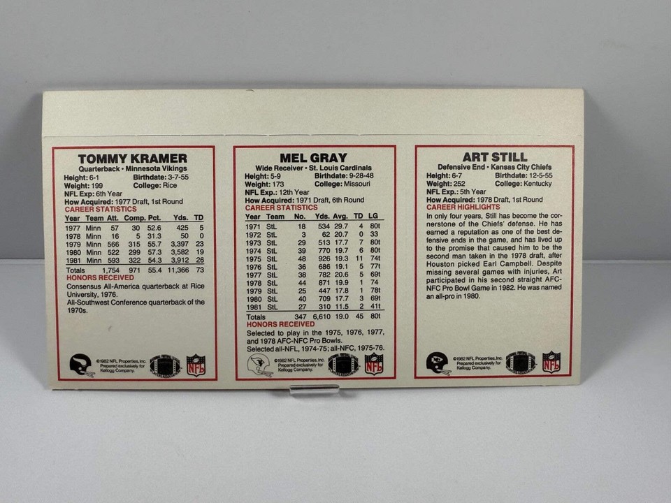 1982 Kellogg's Football Cards - Full Panel - Art Still, Mel Gray, Tommy ...