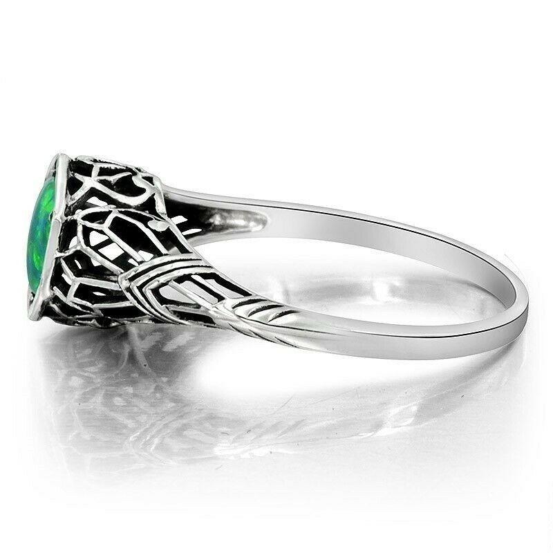 1CT Natural Green Fire Opal 925 Sterling Silver Filigree Ring Jewelry ...