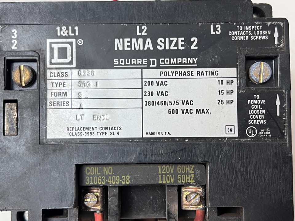 SQUARE D SIZE 2 MOTOR STARTER 600 VAC 25 HP 120V COIL 8536 SDG1 ...