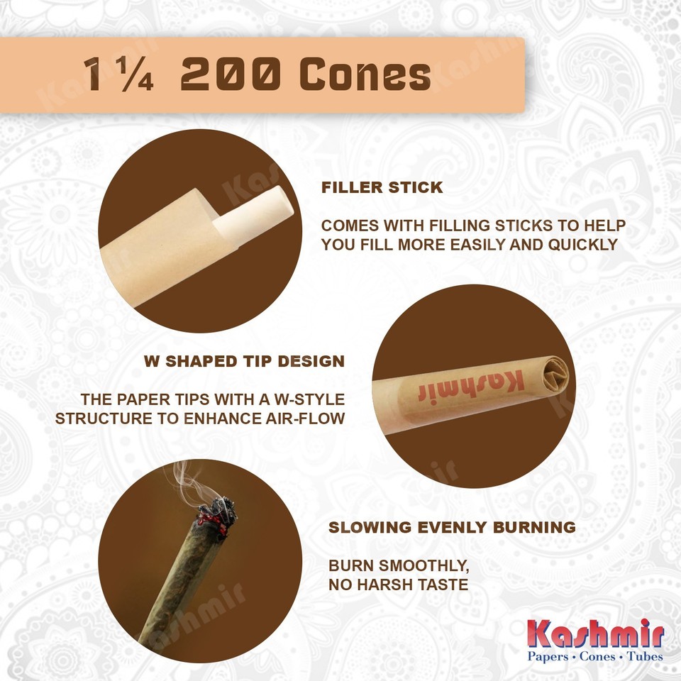 Kashmir Pre Rolled Cones Unbleached 200 pack Classic 1 1/4 Size Rolling ...