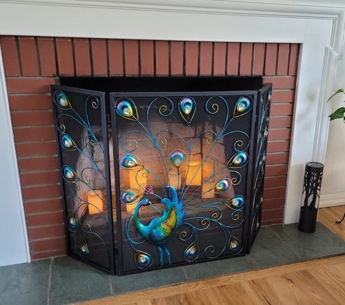 Decorative Peacock Fireplace Screen 3 Panel Iron Mesh Fire Guard 48 x ...