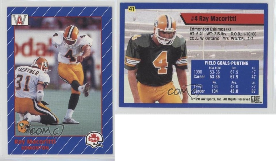 1991 All World CFL Ray Macoritti #41 2u3 | eBay