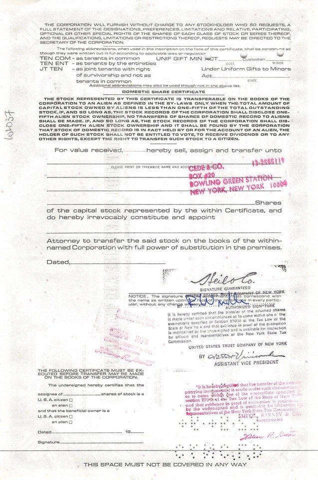 International Telephone And Telegraph 100 Shares Delaware 1968 (644299 ...