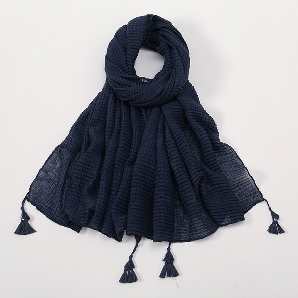 Women's Tassel Plaid Scarf Solid Color Muslim Shawls Hijabs Crinkle ...